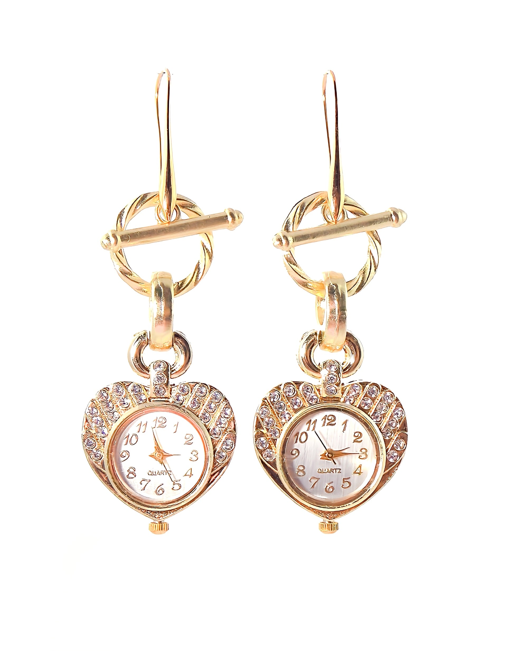 Gold Crystal Studded Heart Shape Quartz Watch Clock Statement Earrings ...